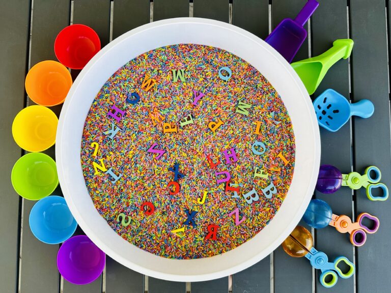 How To Make A Rainbow Rice Alphabet Hunt Sensory Bin - Raising Wild ...