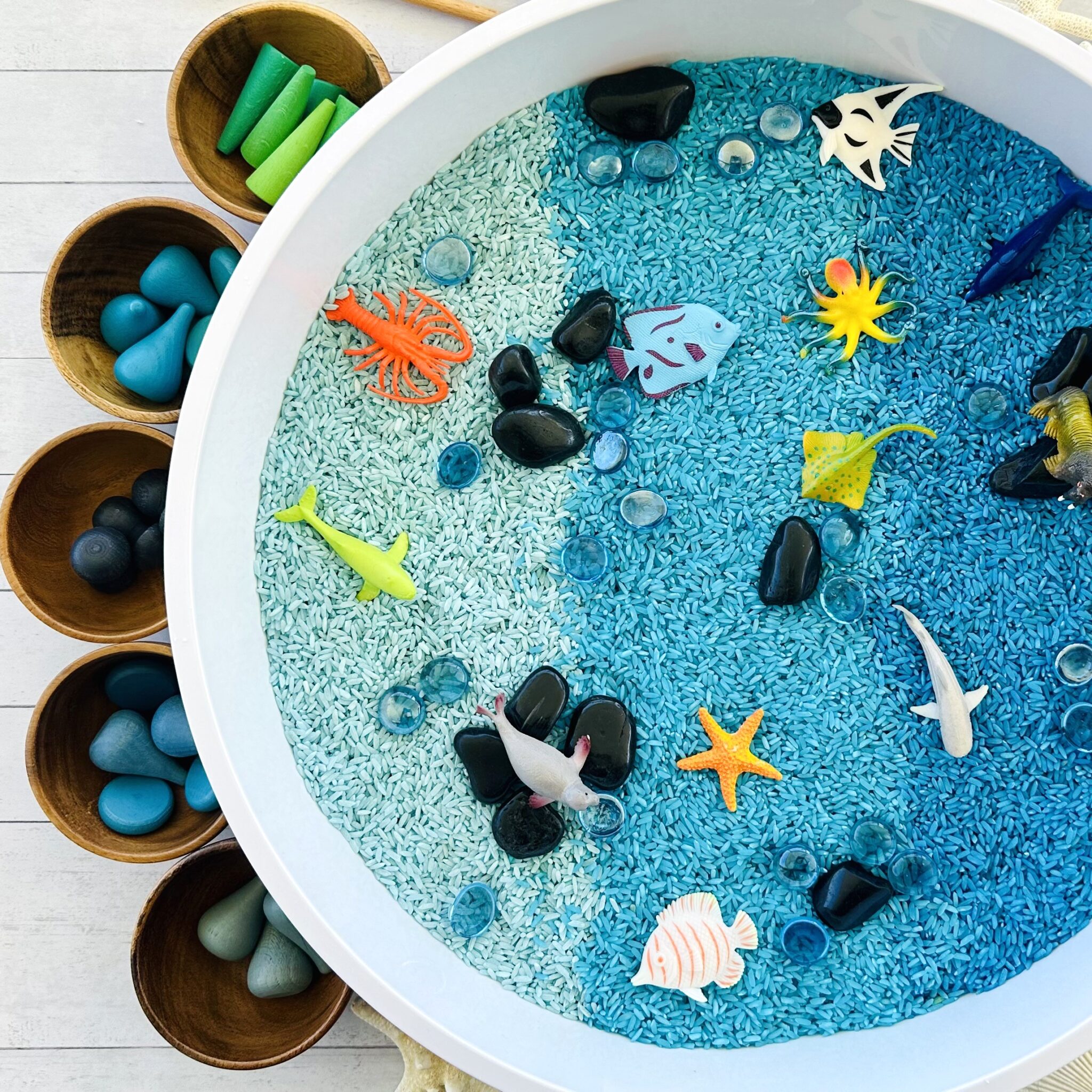 How To Make An Ocean Colored Rice Sensory Bin - Raising Wild Things Sensory