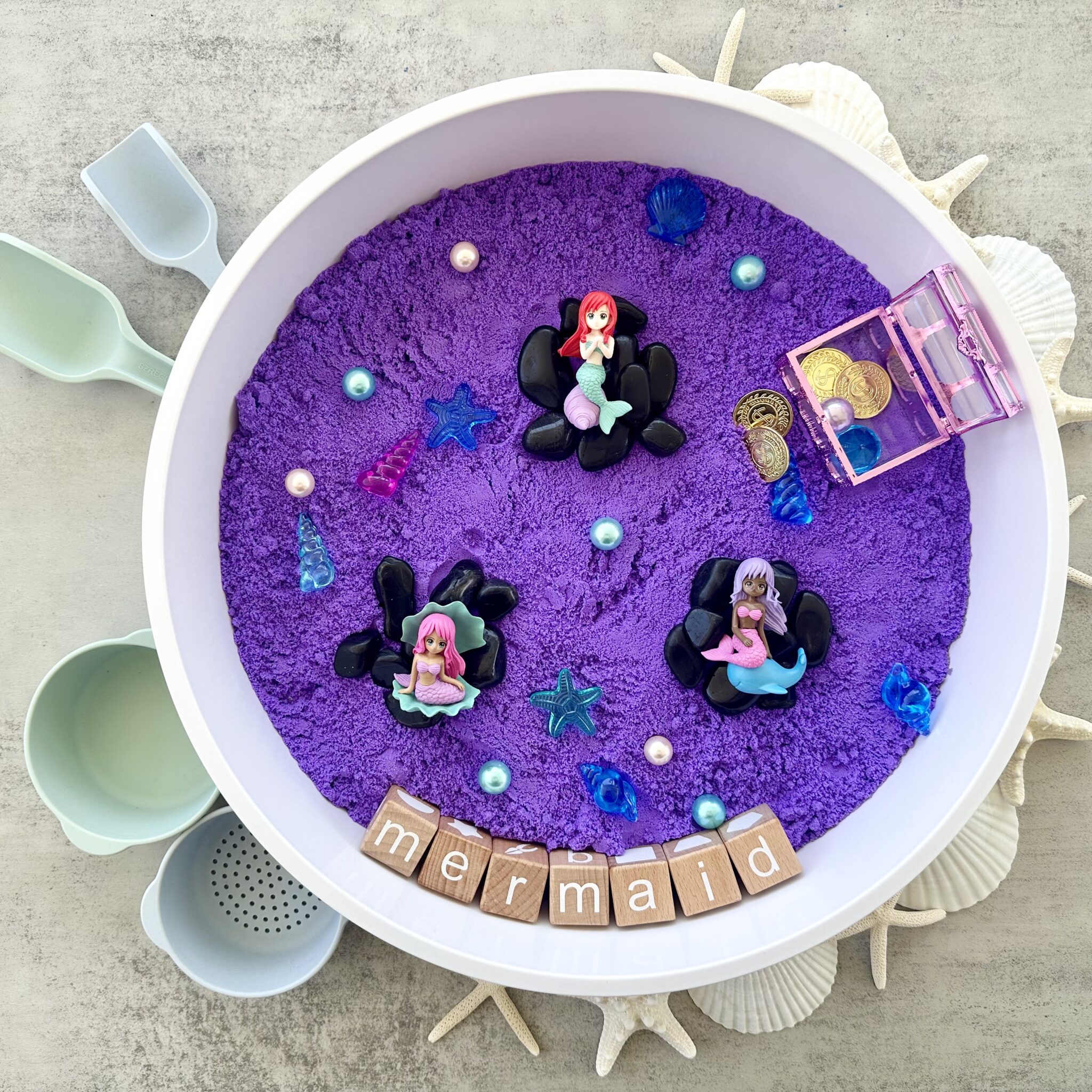 How To Make A Colorful Kinetic Sand Mermaid Sensory Bin - Raising Wild ...