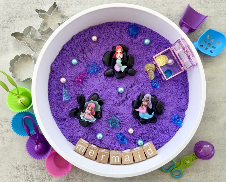 How To Make A Colorful Kinetic Sand Mermaid Sensory Bin - Raising Wild ...