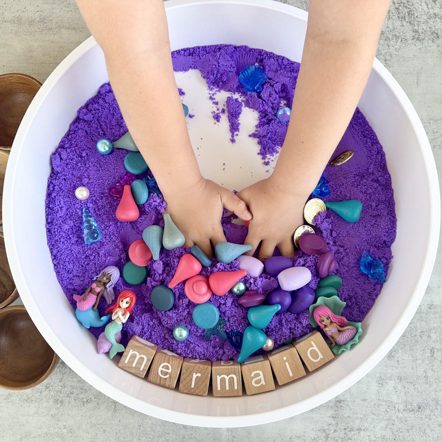 How To Make A Colorful Kinetic Sand Mermaid Sensory Bin - Raising Wild ...