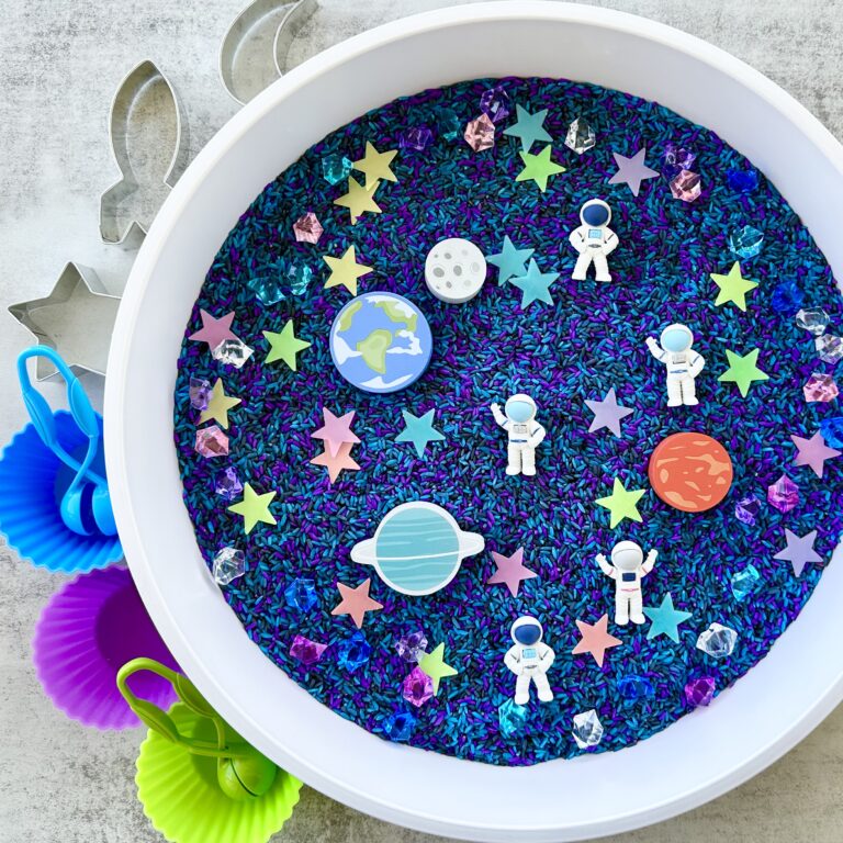 Outer Space Sensory Bin Using DIY Galaxy Rice - Raising Wild Things Sensory