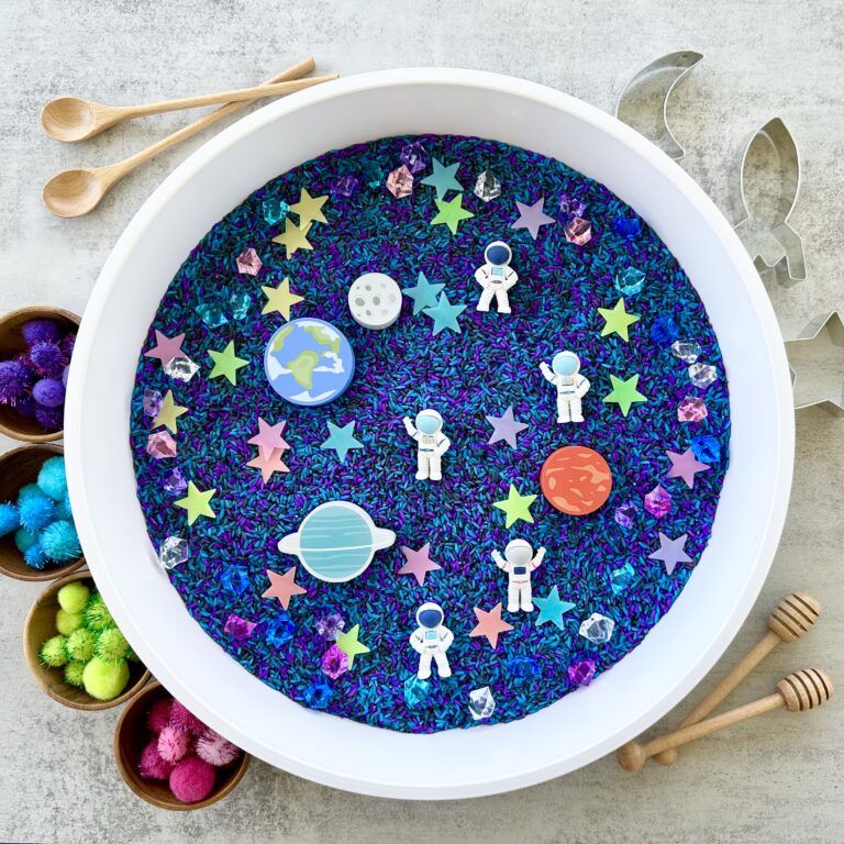Outer Space Sensory Bin Using DIY Galaxy Rice - Raising Wild Things Sensory