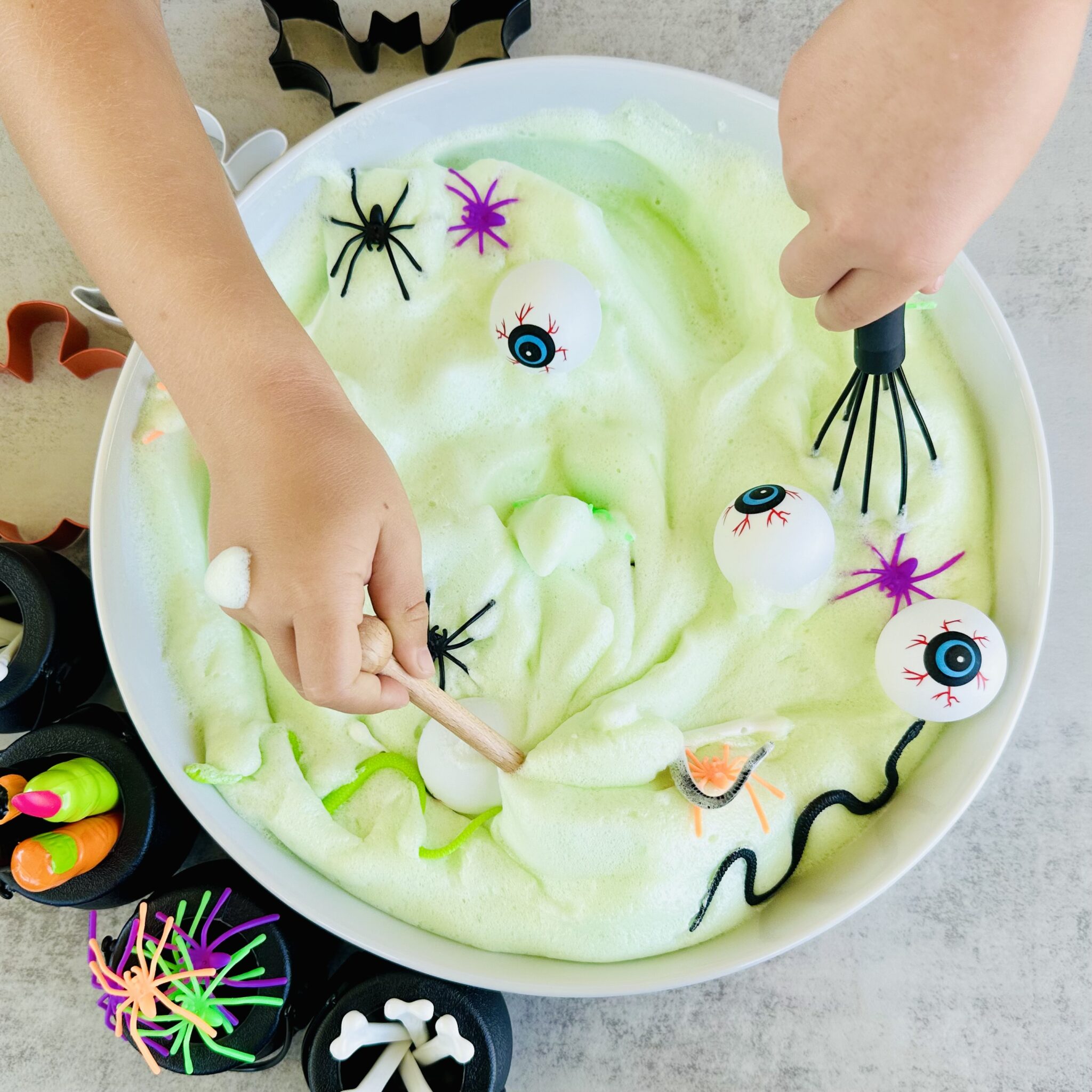 Witches' Brew Sensory Bin Using Taste-Safe Chickpea Foam - Raising Wild ...